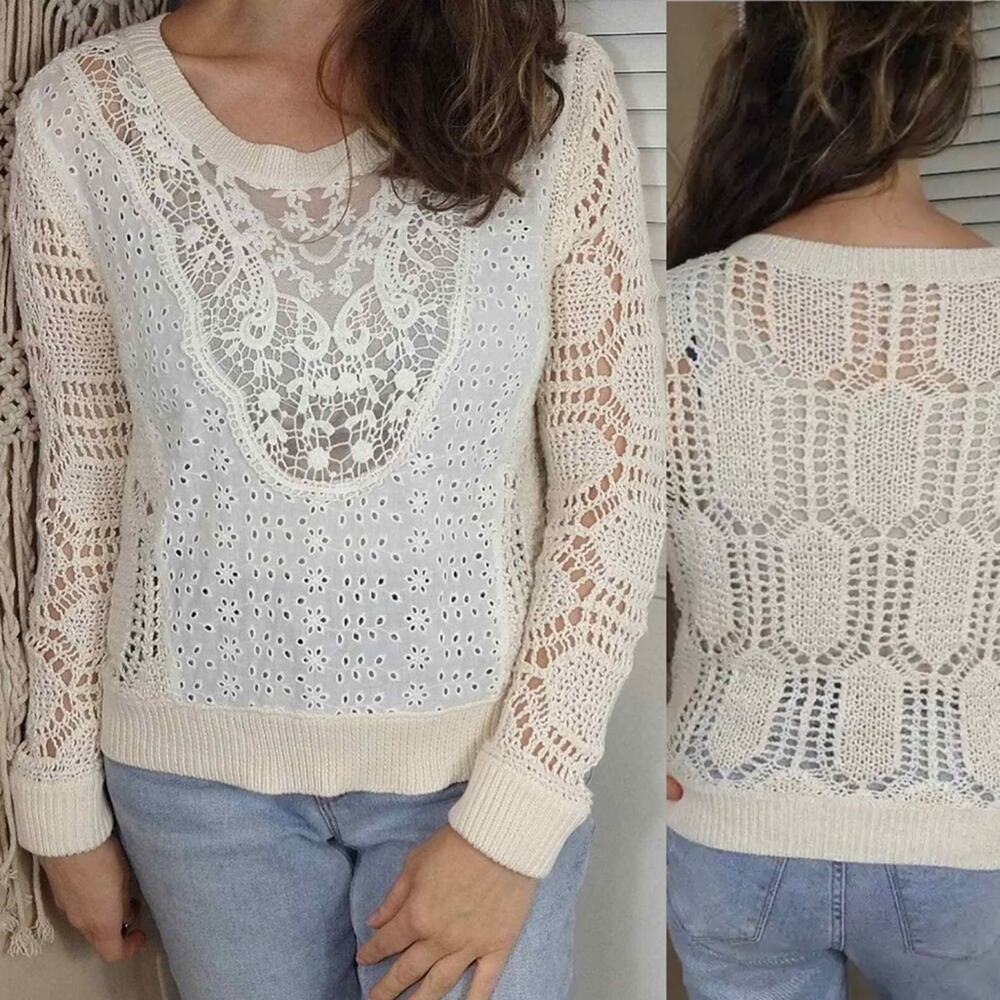 Free People White Lace Crochet Eyelet Sweater Size Me… - Gem